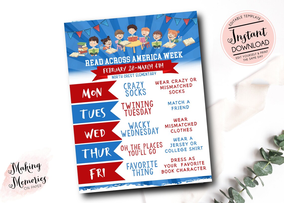 Spirit Week Template Spirit Week Schedule School Spirit - Etsy
