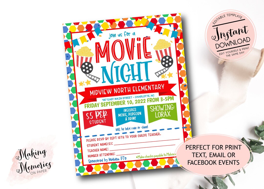 Editable Movie Flyer, Movie Fundraiser, PTO PTA Movie Fundraiser ...