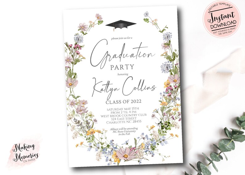 Editable Wildflower Graduation Party Invitation, Graduation ...
