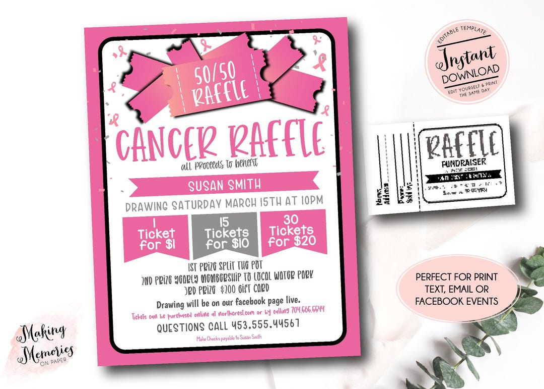 Cancer Raffle Ticket Fundraiser Flyer, 50/50 Raffle Editable Cancer ...