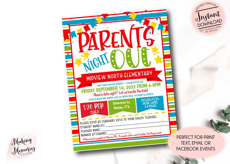 Parents Night Out Flyer, Parents Night Out Fundraiser, PTO PTA ...