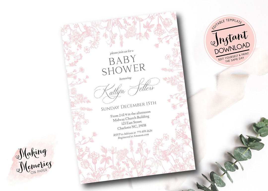 Pink Chinoiserie Baby Shower Invitation Bundle, Pink Toile Baby Shower ...