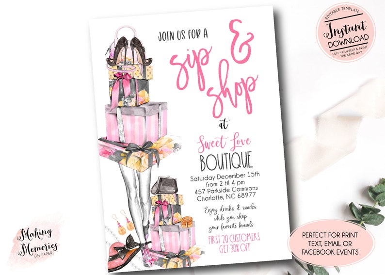 Shop and Sip Holiday Invitation, Sip and Shop Christmas Flyer, Sip ...