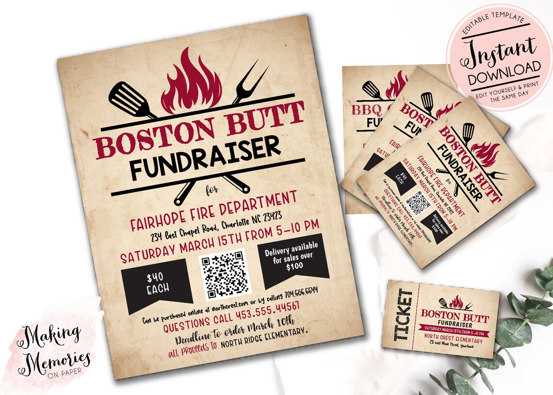 BBQ Fundraiser Flyer Editable Boston Butt Fundraiser - Etsy