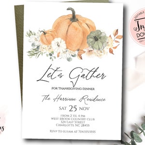 EDITABLE Pumpkin Thanksgiving Invitation, Autumn Thanksgiving Pumpkin ...