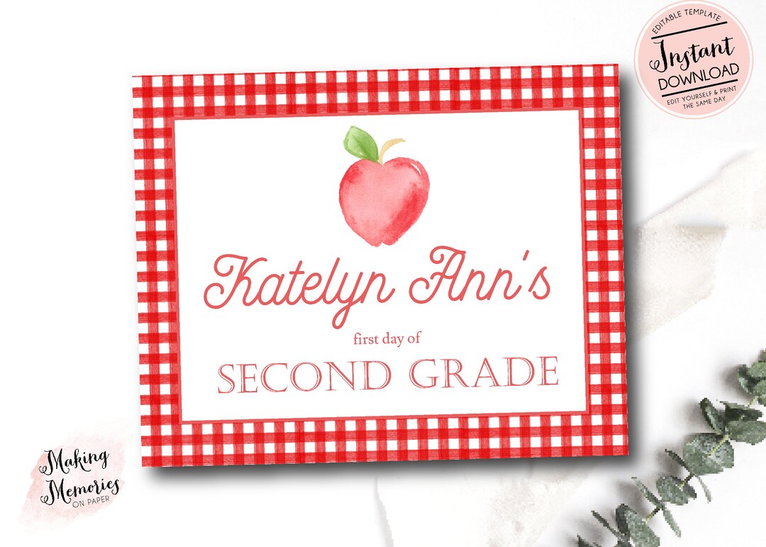 Gingham First Day of School Sign, Editable Back to School Sign ...
