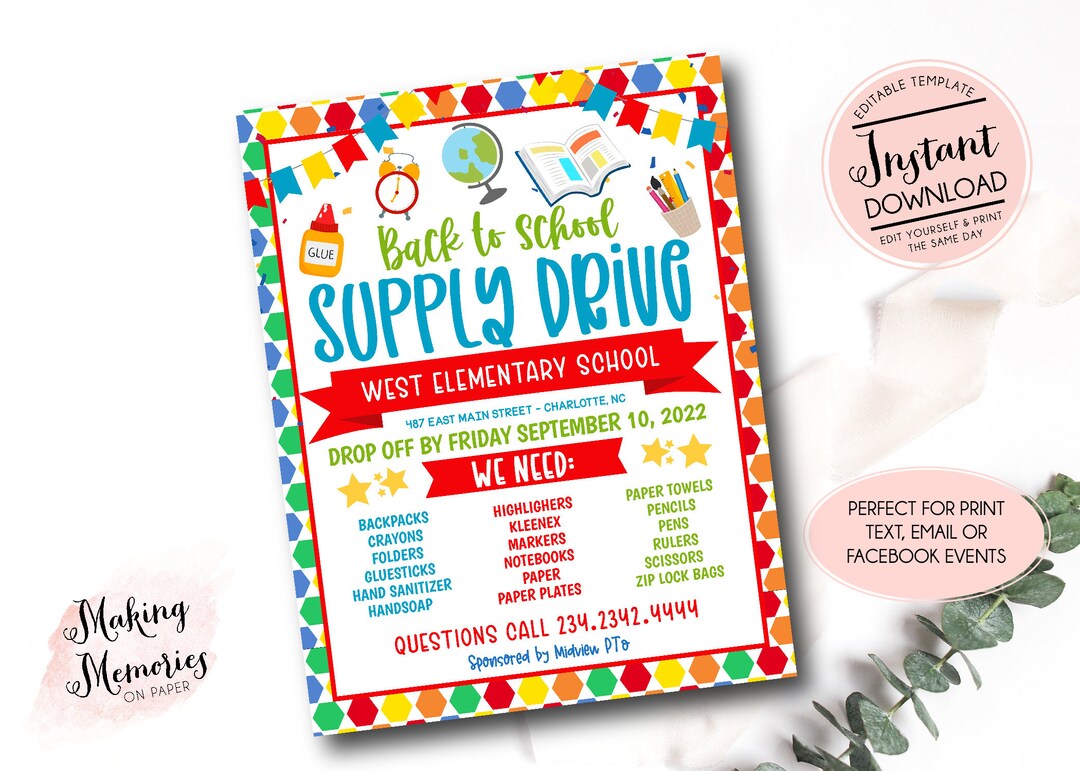 EDITABLE Back to School Supply Drive Flyer, School Supplies Drive ...