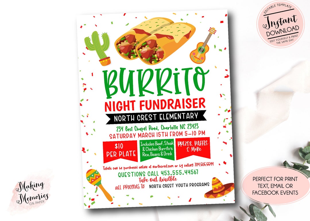 Burrito Dinner Flyer, Editable Mexican Night Fundraiser Invite, Pto Pta Church School Charity ...