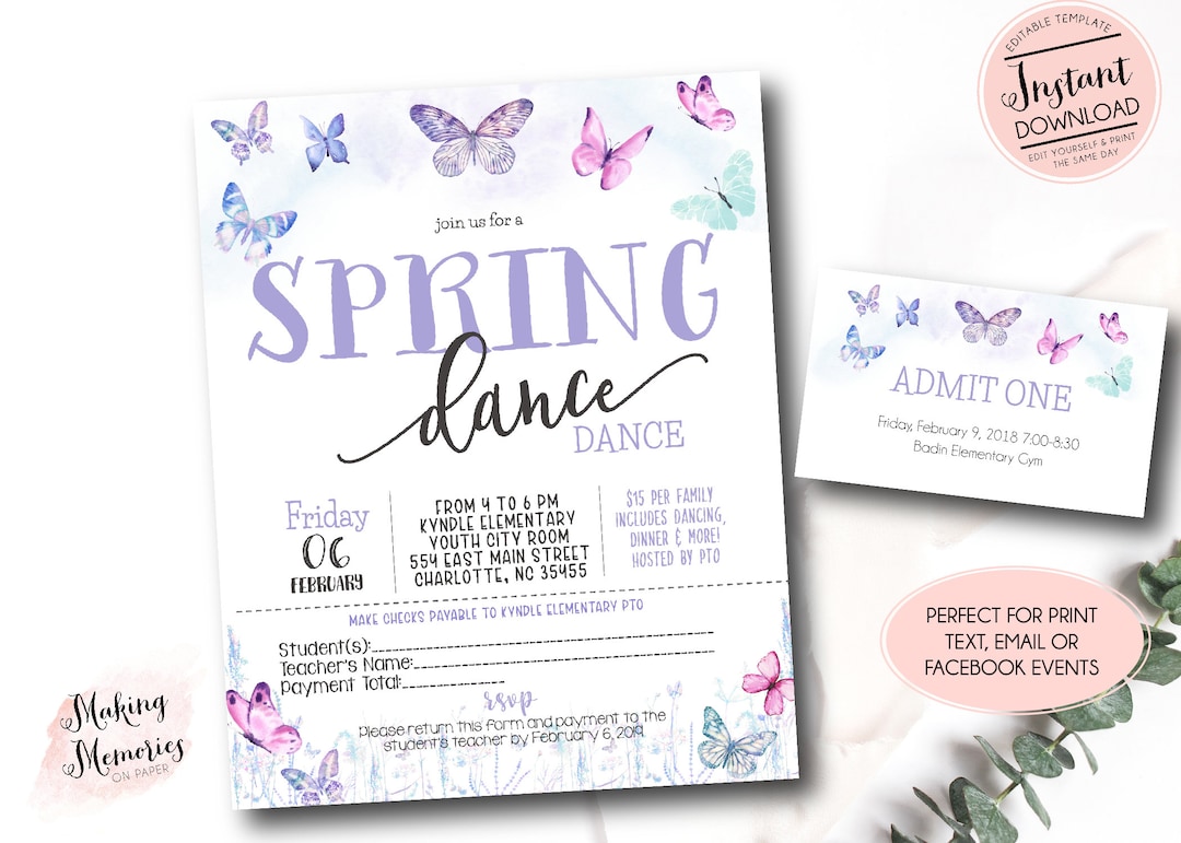 Spring Fling Dance Flyer, School Butterfly Dance Invite, Editable ...