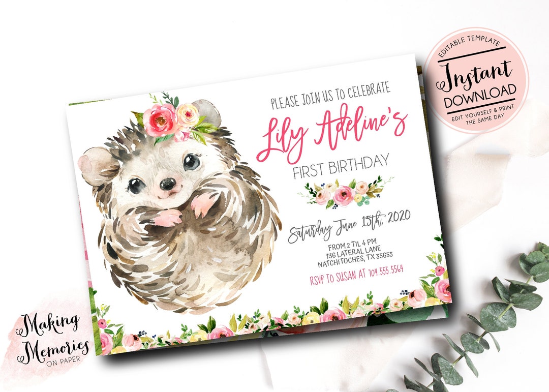 Hedgehog Birthday Invitation, Woodland Invitation, First Birthday ...