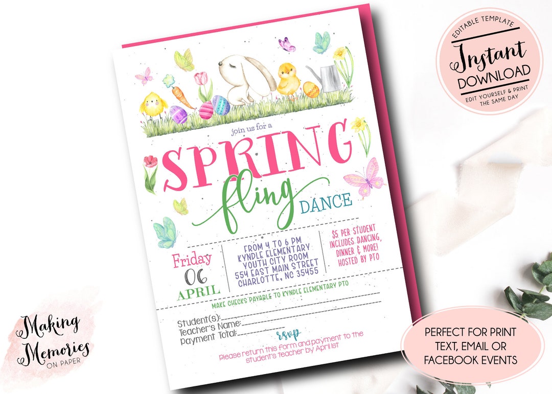 Spring Fling Dance Flyer, School Dance Invite, Editable Spring Dance ...