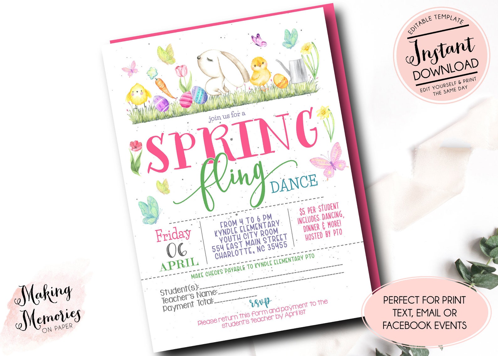 Spring Fling Dance Flyer, School Dance Invite, Editable Spring Dance ...