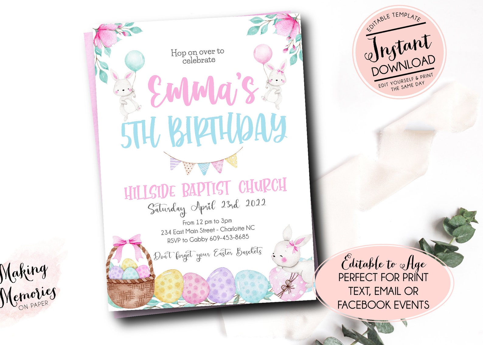 Editable Easter Birthday Invitation Bunny Birthday Template - Etsy