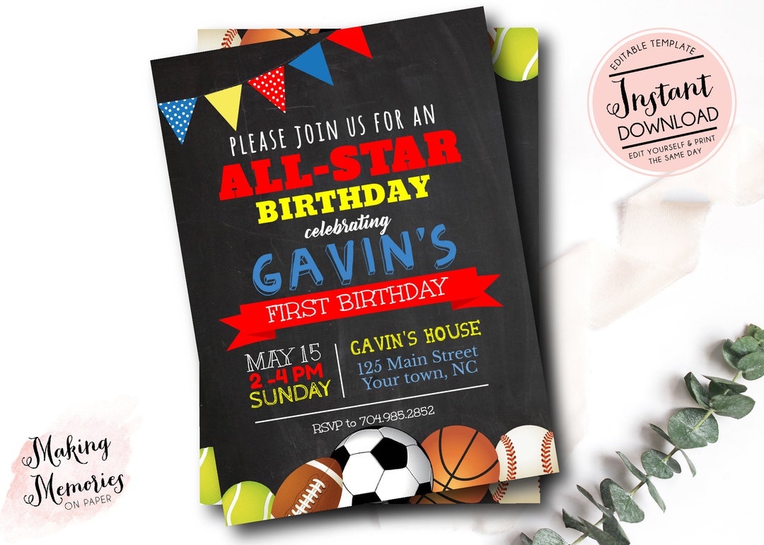 SPORTS Birthday Invitation, All Star Invitation, Sports Invitation ...