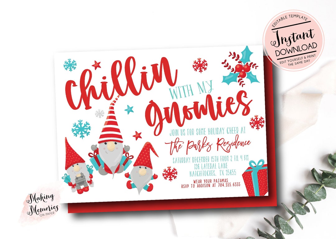 Gnome Christmas Party Invitation, Holiday Party Invite, Editable ...