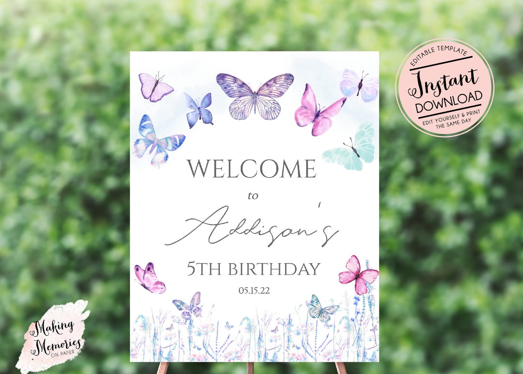 Butterfly Welcome Sign, Butterfly Birthday Party Poster, Editable ...
