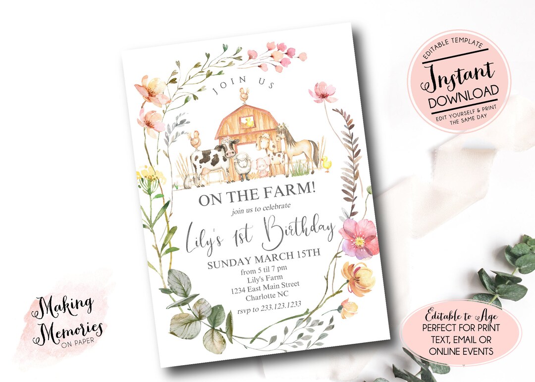 Editable Farm Birthday Invitation, Girl Farm Invitation, Girl Farm ...