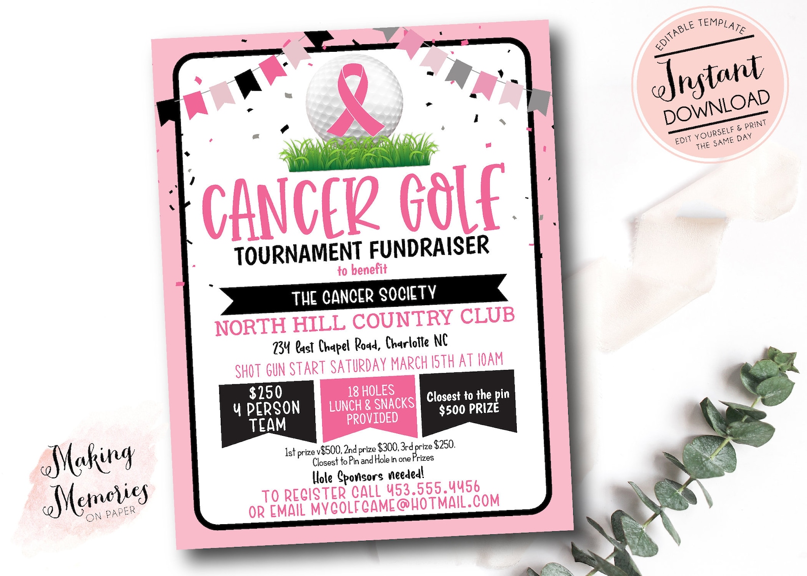 Cancer Golf Tournament Fundraiser Flyer, Editable Pink Golf Tournament ...