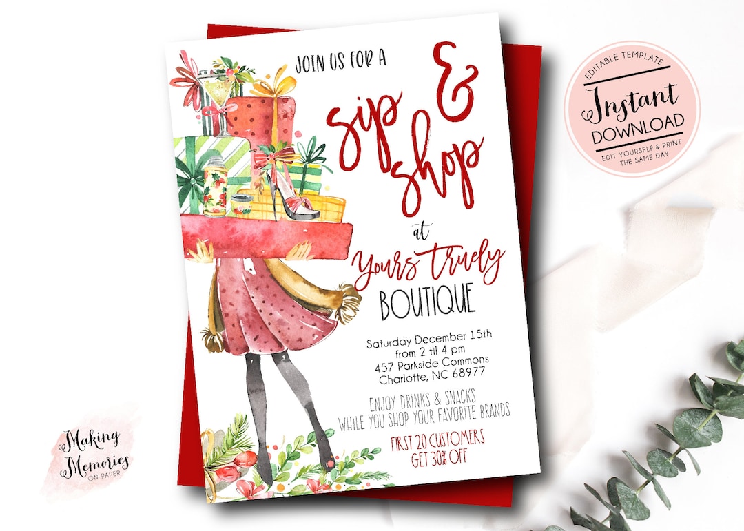 Shop and Sip Holiday Invitation, Shop and Sip Christmas Invite, Sip ...