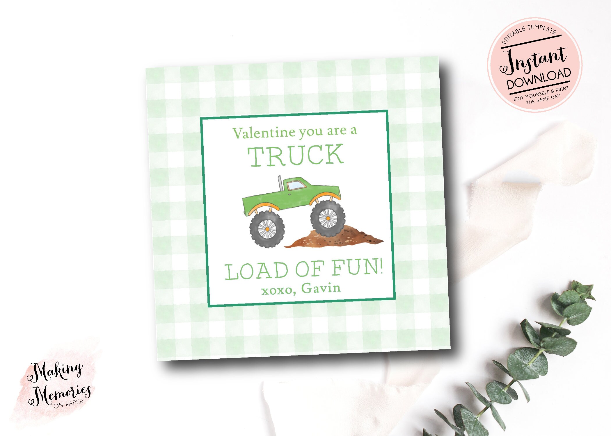 Printable Monster Truck Valentine Card, Monster Truck Valentine Favor ...