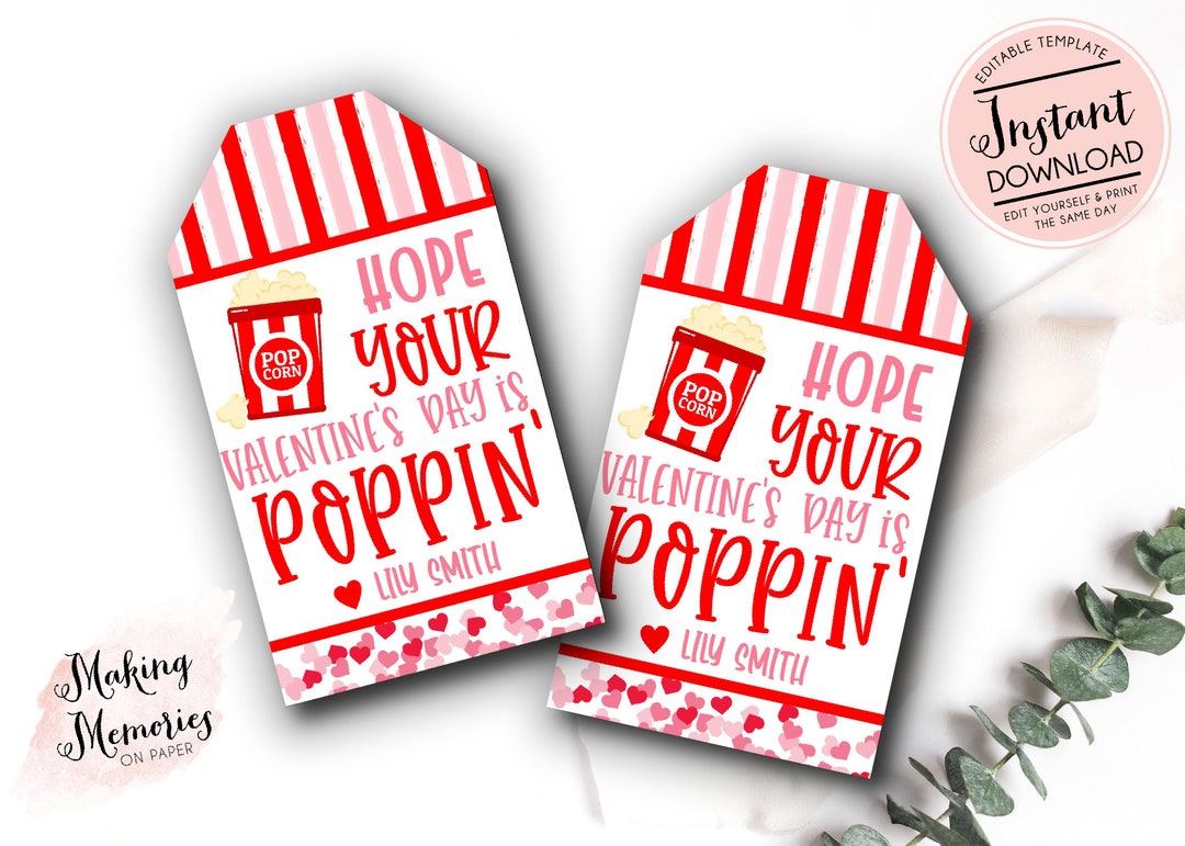 Popcorn Valentine's Day Tag, Popcorn Valentine's Tag, Poppin Valentine ...