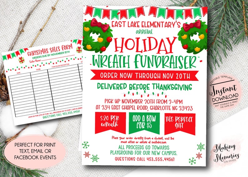 Christmas Wreath Sale Template, Holiday Wreath Fundraiser Flyer ...