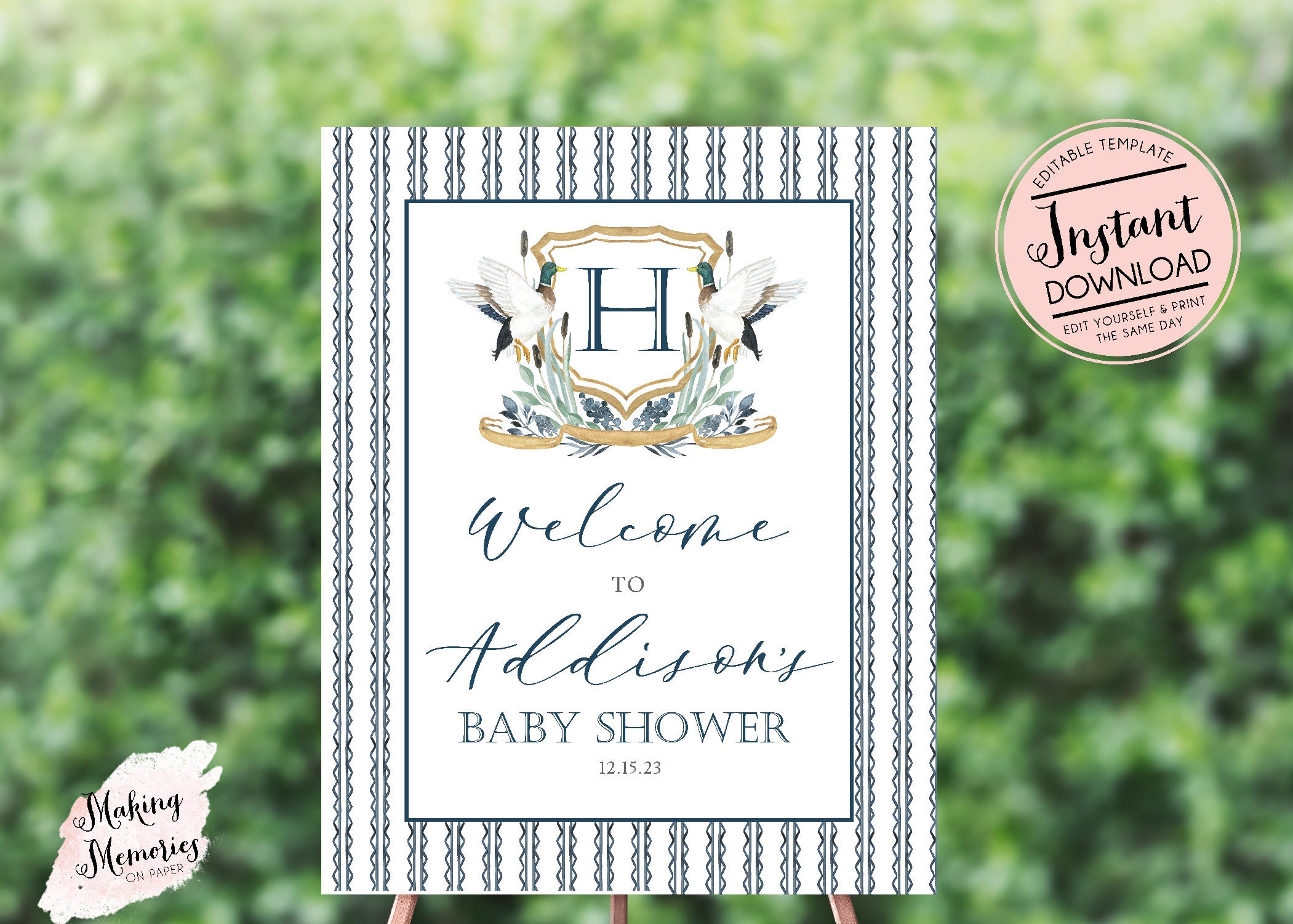 Editable Duck Welcome Sign, Monogram Crest Duck, Mallard Party Welcome ...