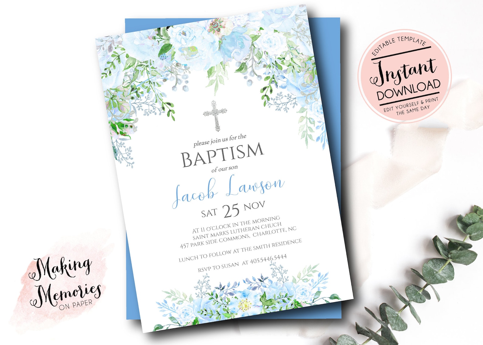 Blue Baptism Invitation Boy Baptism First Communion Invite | Etsy