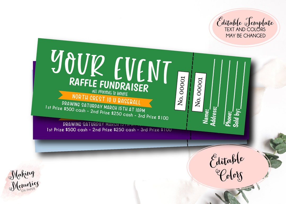 Raffle Ticket Fundraiser, Printed Raffle Tickets, Editable Raffle ...
