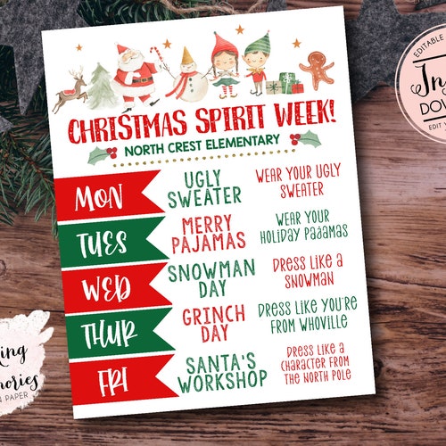 Christmas Spirit Week Template Spirit Week Schedule Winter - Etsy