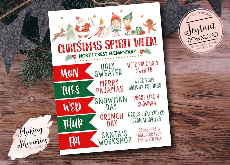 Christmas Spirit Week Template Spirit Week Schedule Winter - Etsy