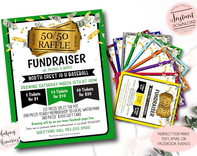 50/50 Raffle Ticket Fundraiser Flyer, Split the Pot Raffle Fundraiser ...