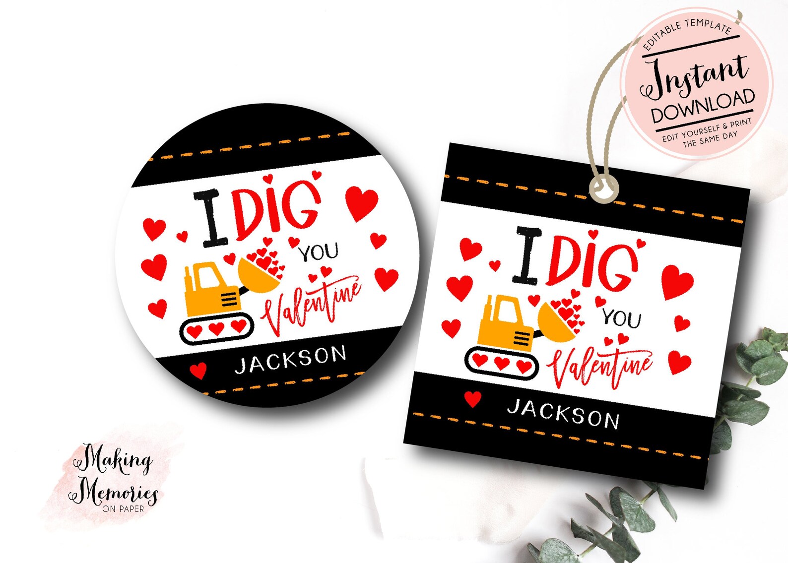 I Dig You Valentine Favor Tag, Tractor Valentine, Boy Valentine, Truck ...