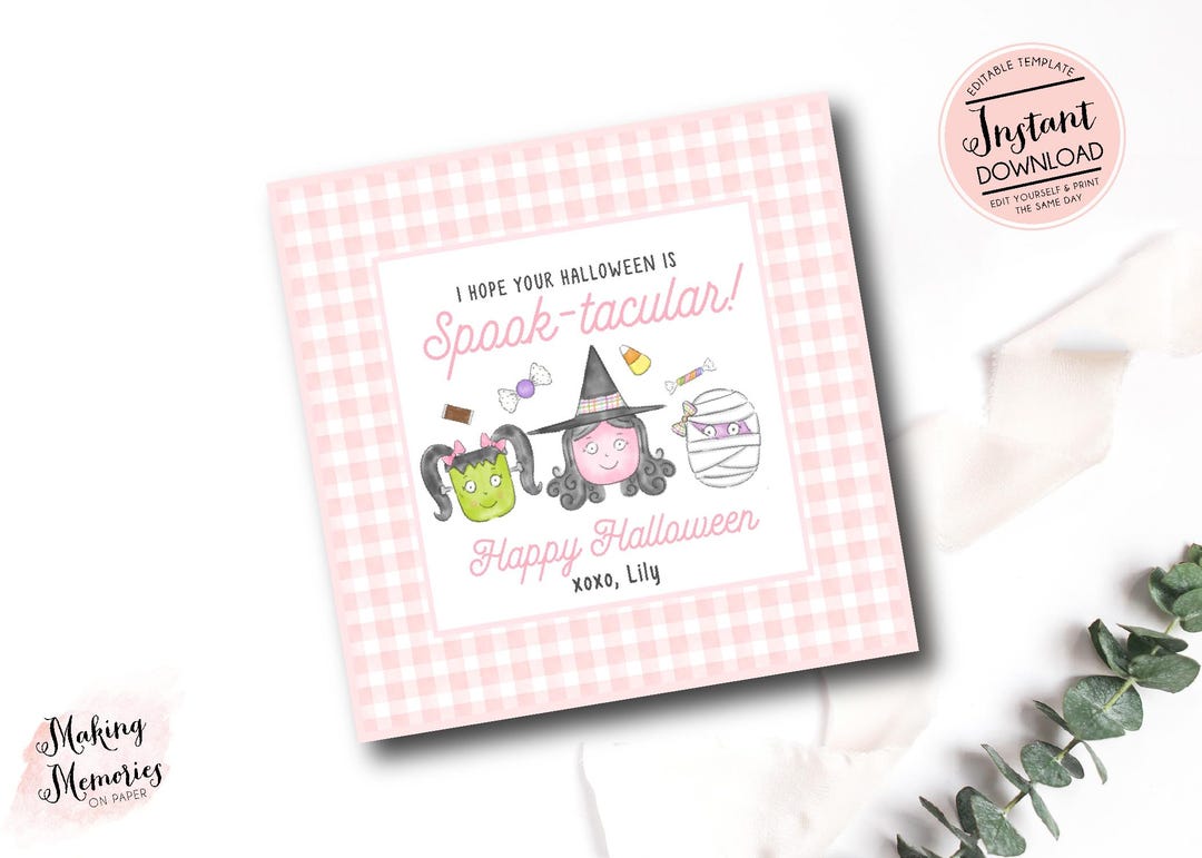 Halloween Candy Favor Tag, Girl Printable Halloween Tag, Gingham ...