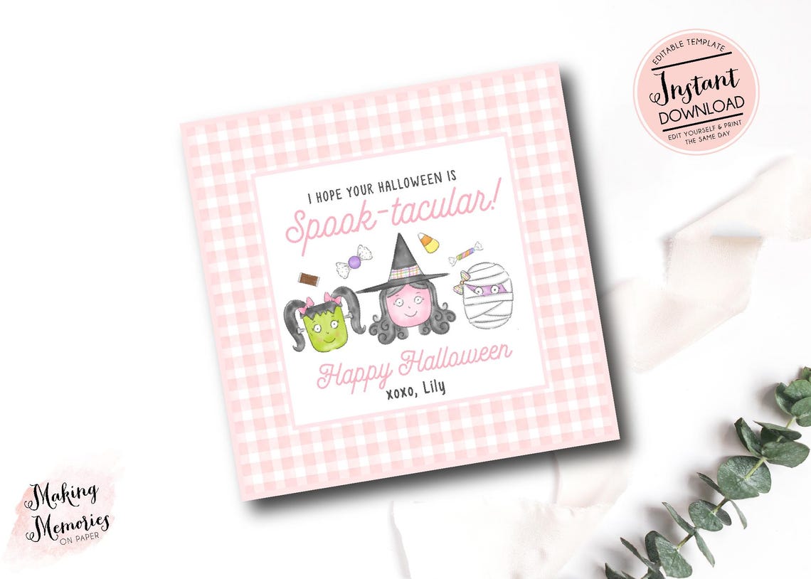 Halloween Candy Favor Tag, Girl Printable Halloween Tag, Gingham ...