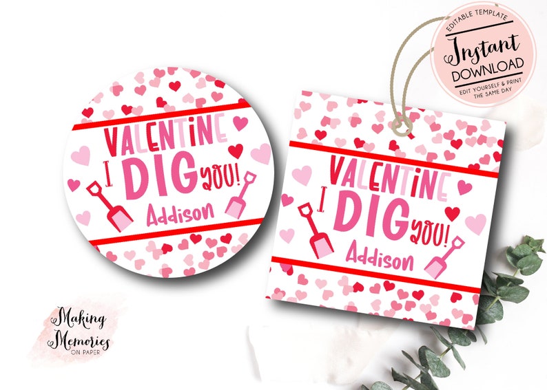 I Dig You Valentine Favor Tag, Shovel Valentine, Dig Valentine ...