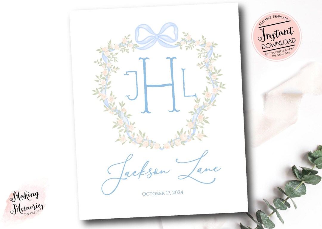 Printable Hospital Door Sign, Blue Watercolor Monogram Crest, Bassinet ...