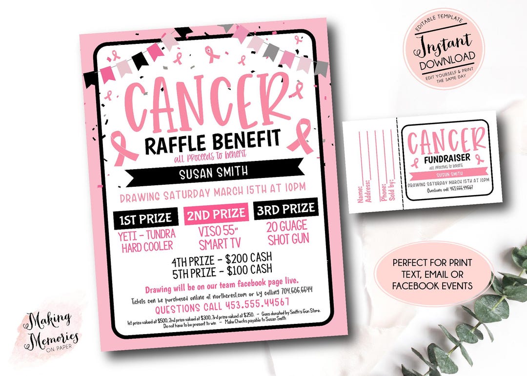 Cancer Raffle Ticket Fundraiser Flyer, Editable Cancer Raffle ...