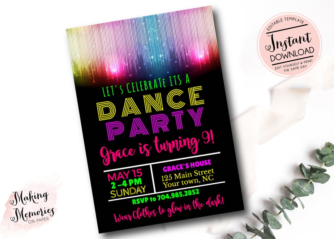 Glow in the Dark Invitation, Glow Invite, Glow Invitation, Just Dance ...