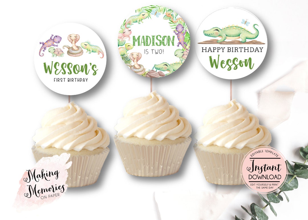 Reptile Birthday Cupcake Toppers, Editable Reptile Party Cupcake Sticks ...