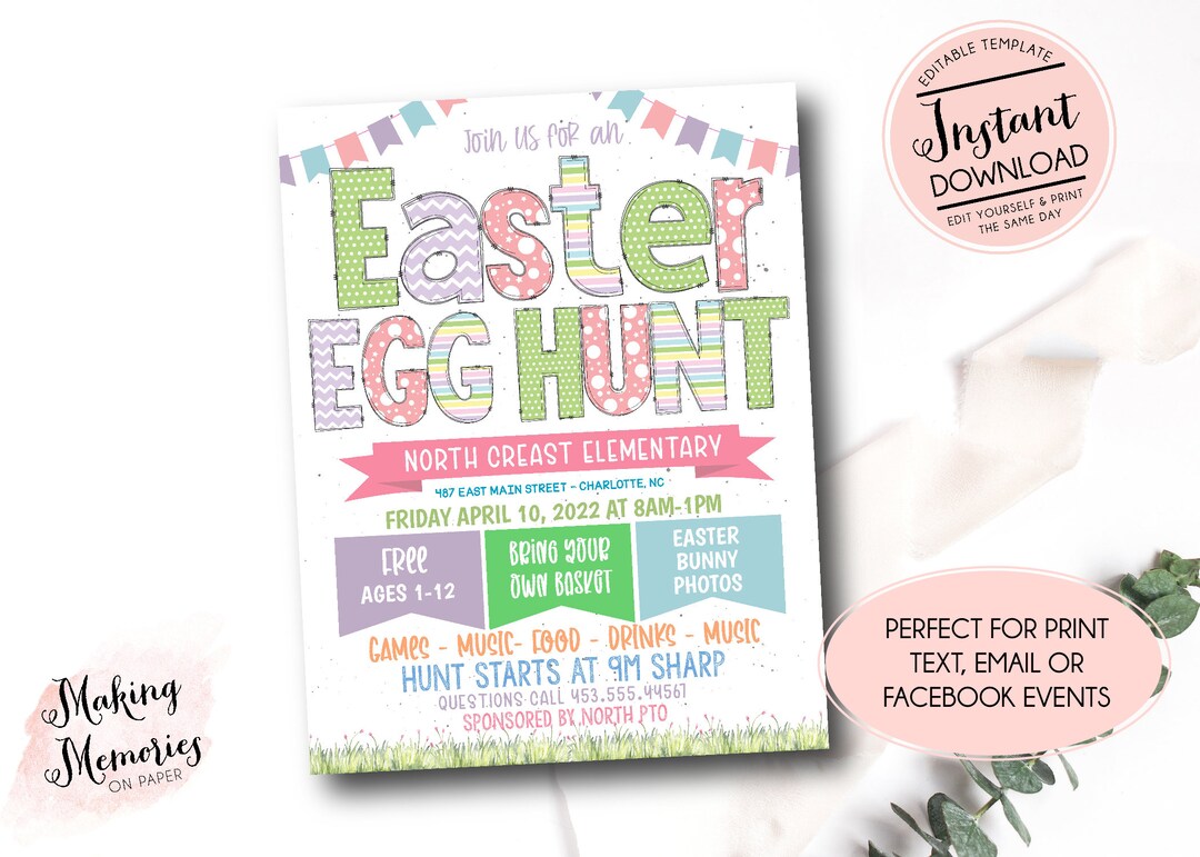 Editable Easter Egg Hunt Flyer, School Easter Party Flyer, Easter ...