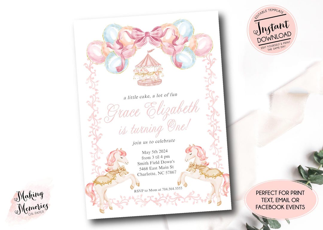 Pink Carousel Birthday Invitation, Classic Carnival Birthday Invite ...
