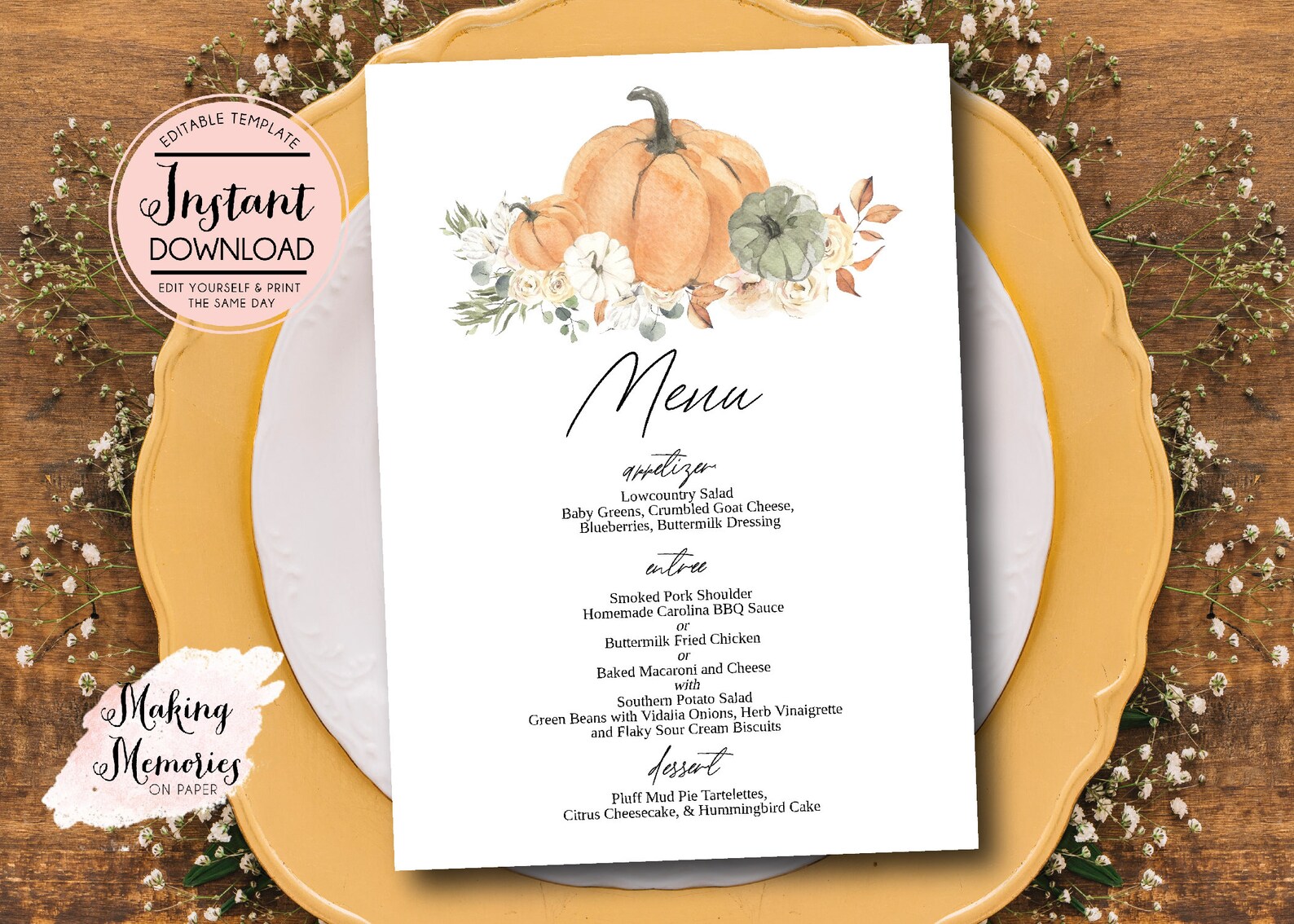 Thanksgiving Menu Fall Menu Autumn Menu Pumpkin Menu Fall - Etsy