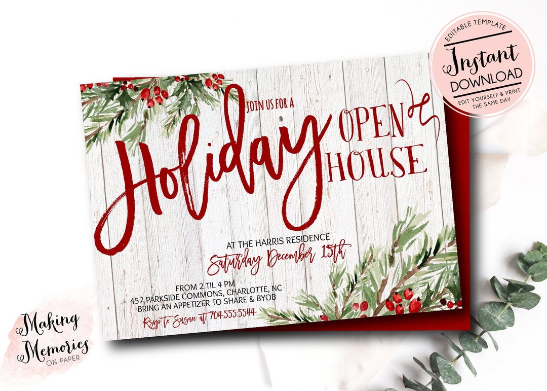 Christmas Open House Party Invitation, Editable Holiday Open House ...
