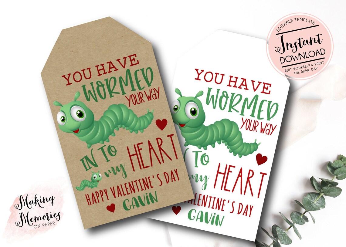 Personalized Worm Valentine's Day Tag, Gummy Worm Valentine's Tag, Boy ...