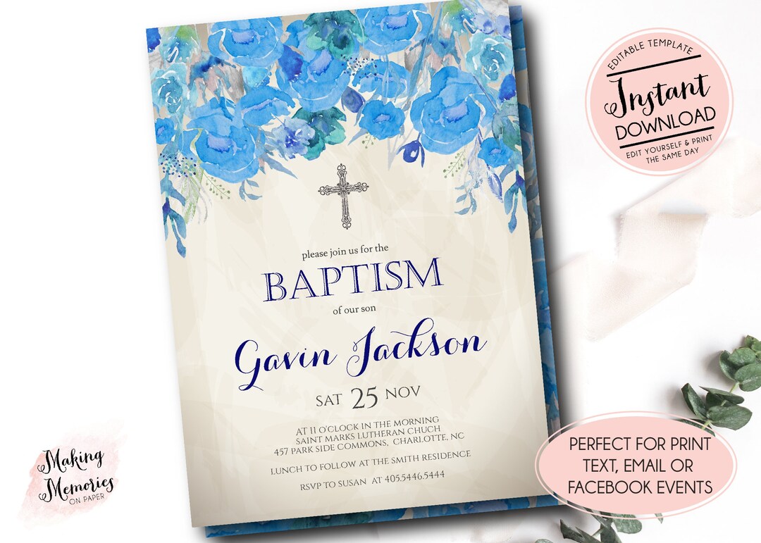 Blue Floral Baptism Invitation Blue Watercolor Baptism - Etsy