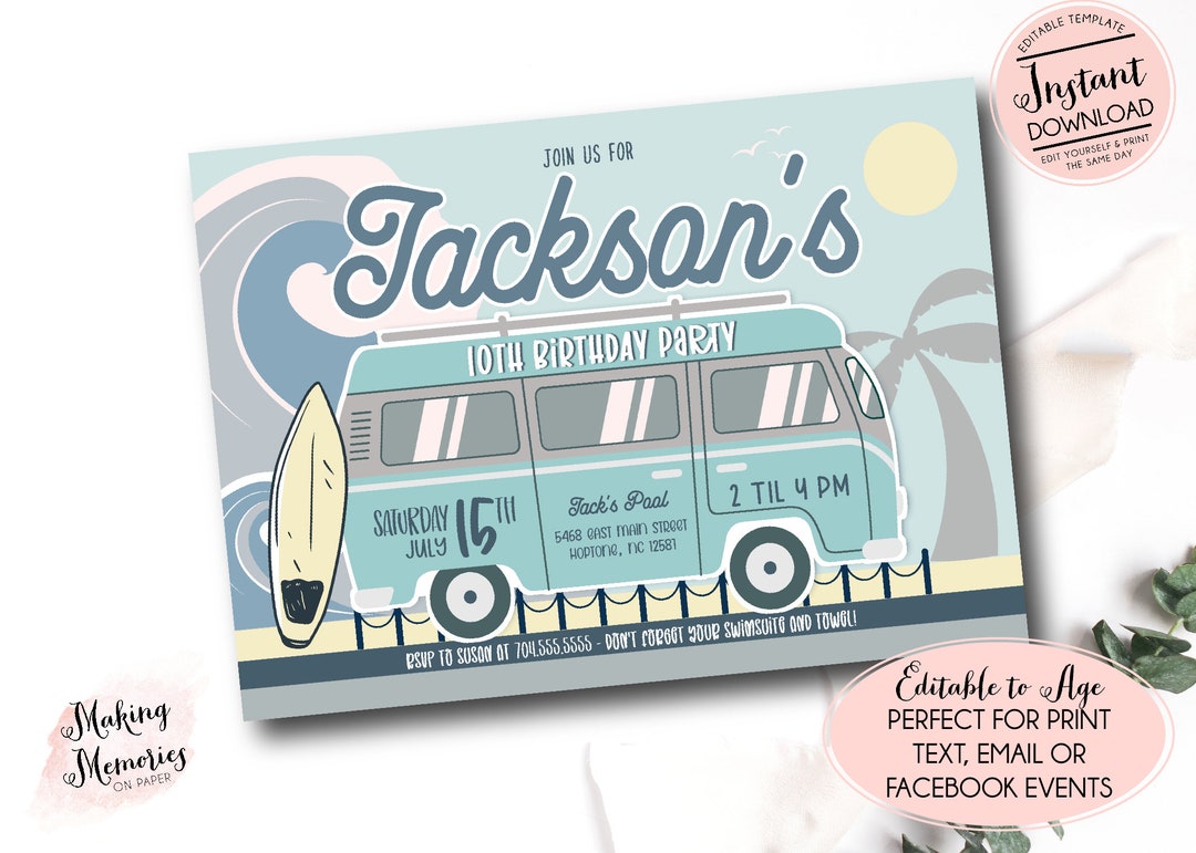Editable Boy Surf Birthday Invitation, Pool Party Invitation, Boy Surf ...