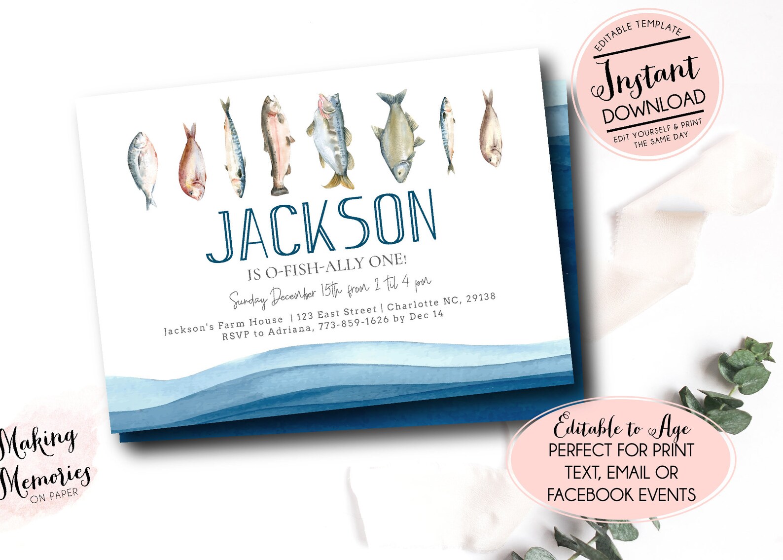 Fishing Birthday Invitation Template O-fish-ally the Big | Etsy