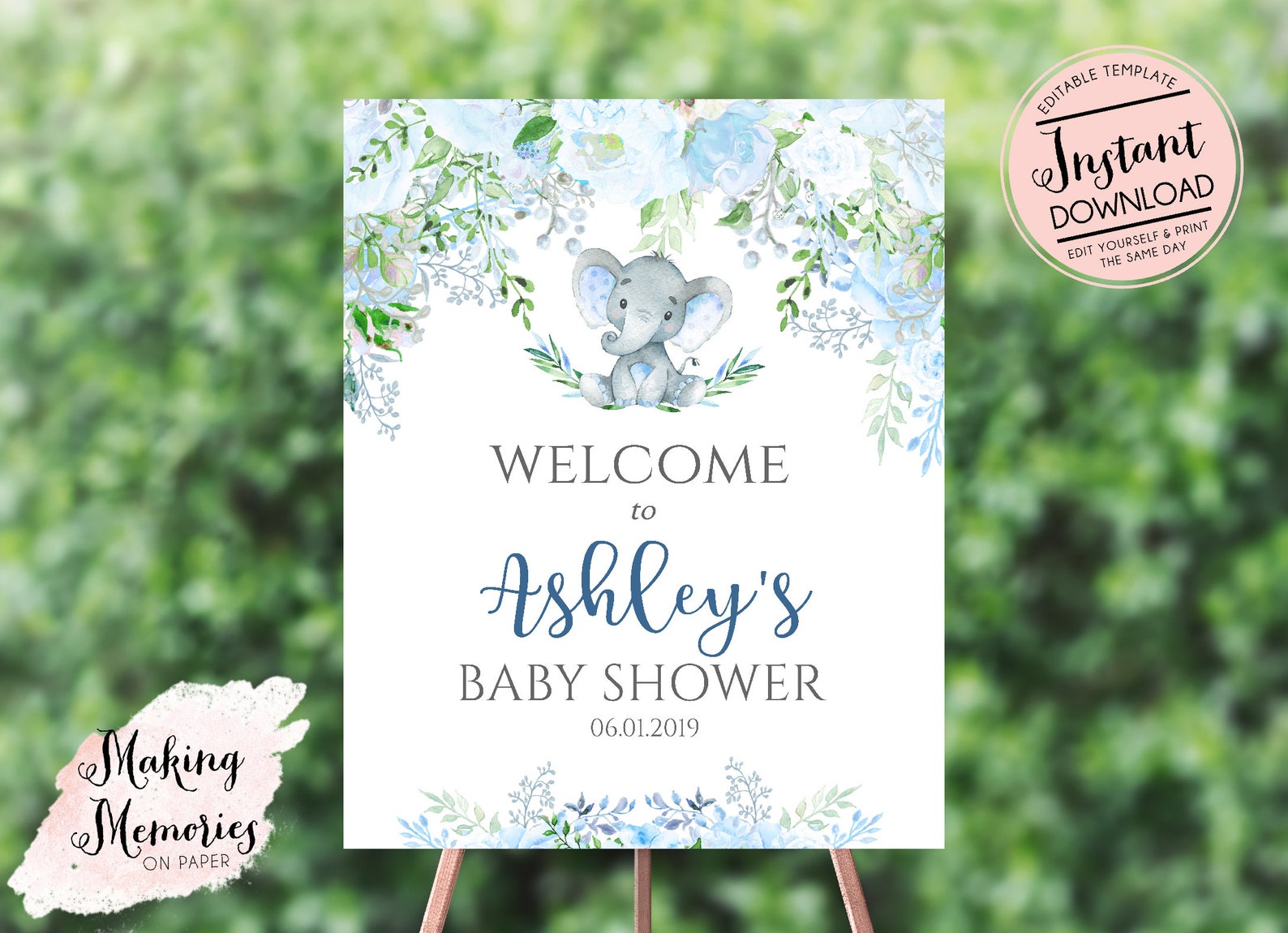 Elephant Welcome Sign Elephant Baby Shower Welcome Sign Blue - Etsy
