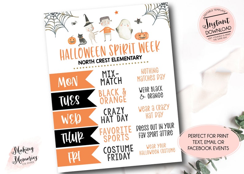 Halloween Spirit Week Template, Spirit Week Schedule, Fall Spirit Week ...